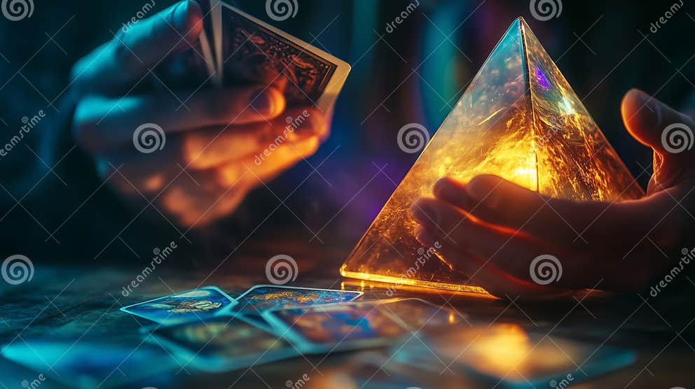 A Person Performs a Tarot Reading Using Glowing Pyramid and Cards ...