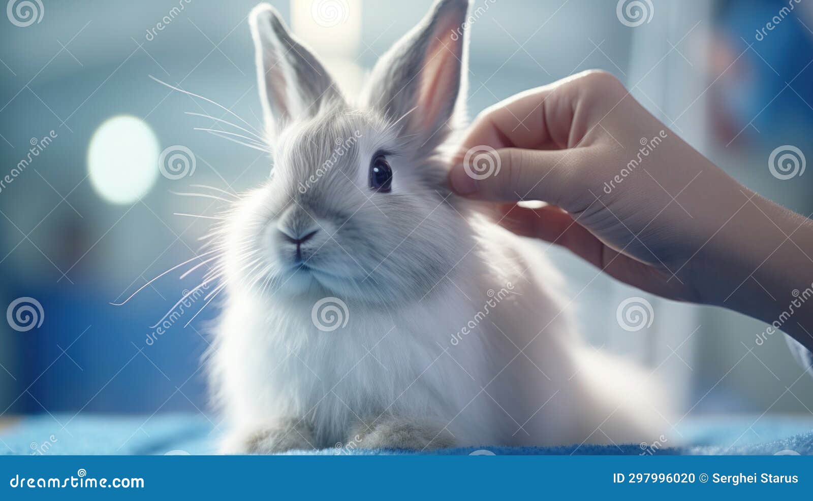 A Person Petting a White Rabbit on Top of Blue Blanket, AI Stock Photo ...