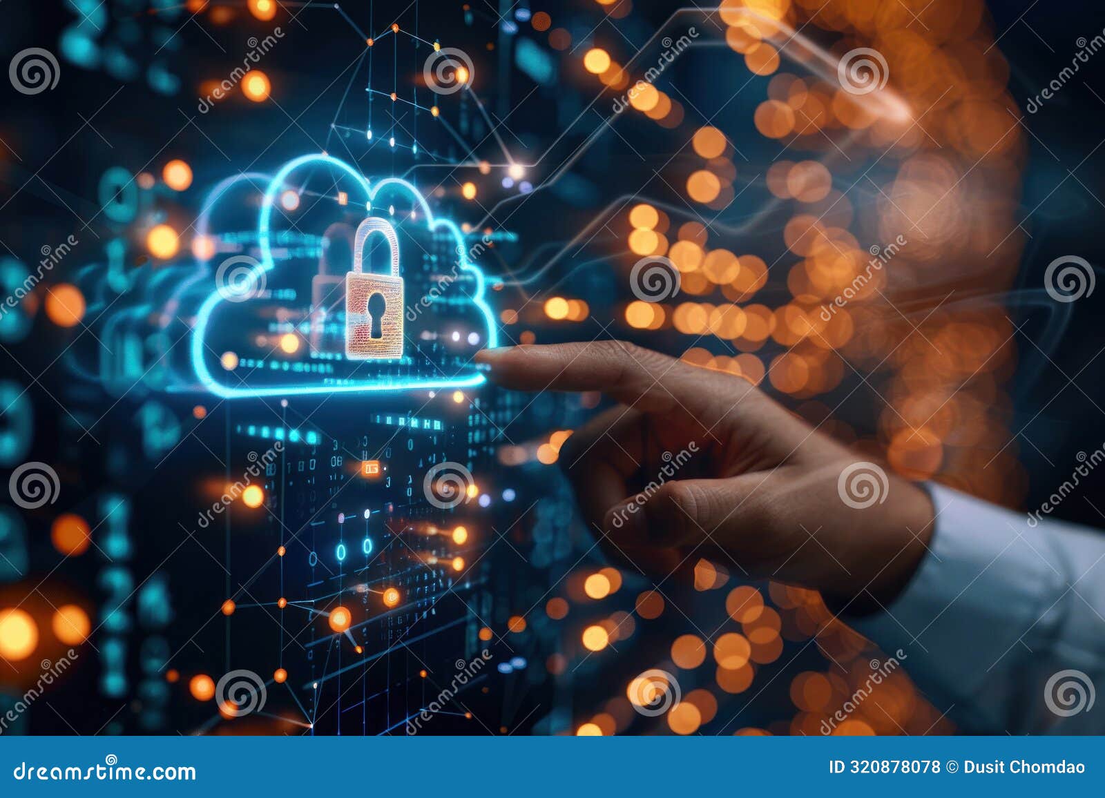 A Person is Pointing at a Blue Screen with a Lock Symbol on it Stock ...