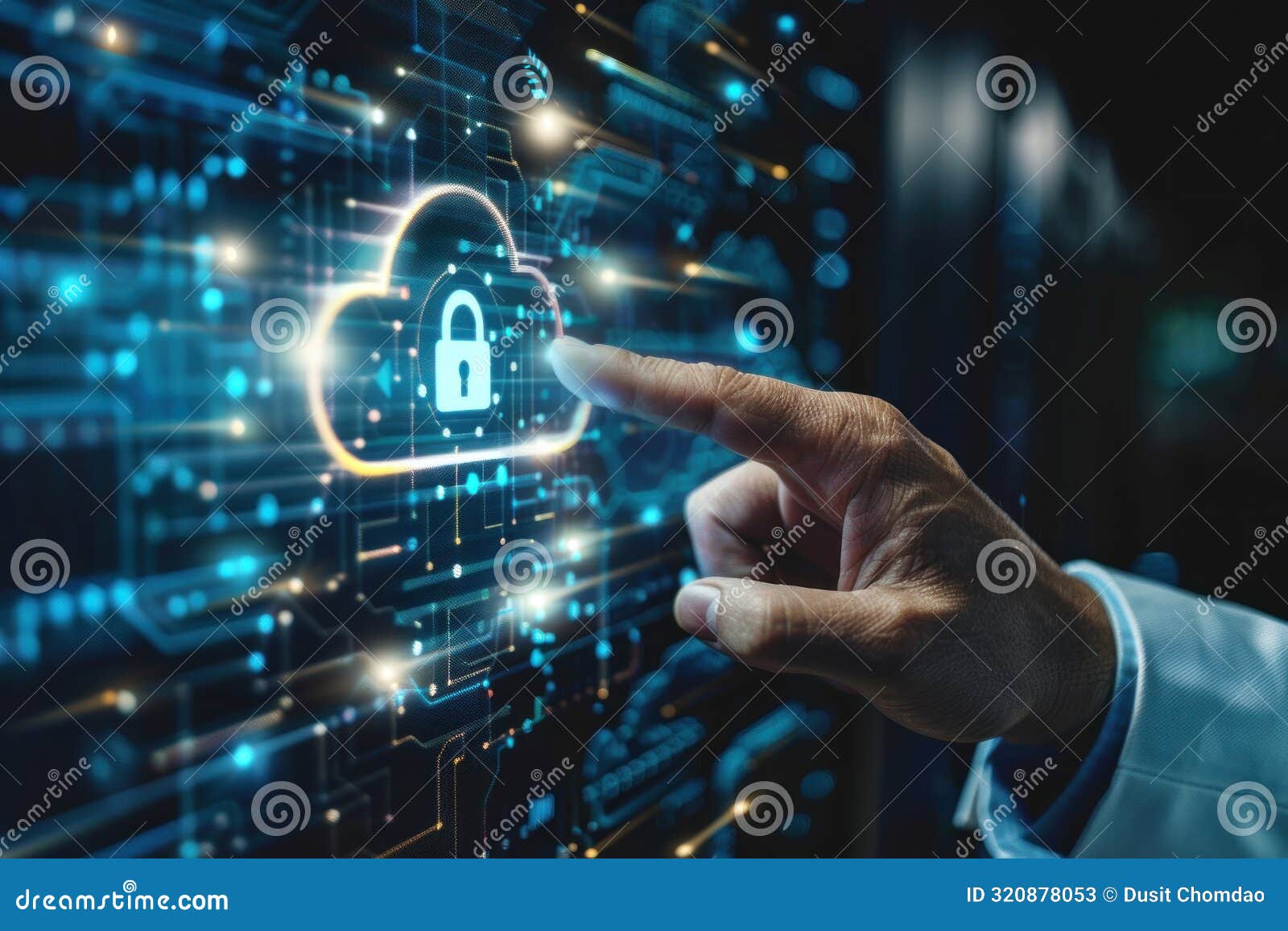 A Person is Pointing at a Blue Screen with a Lock Symbol on it Stock ...