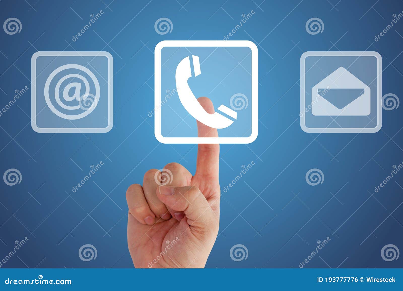 Person Pointing at a Call Button with Finger on a Blue Background Stock ...