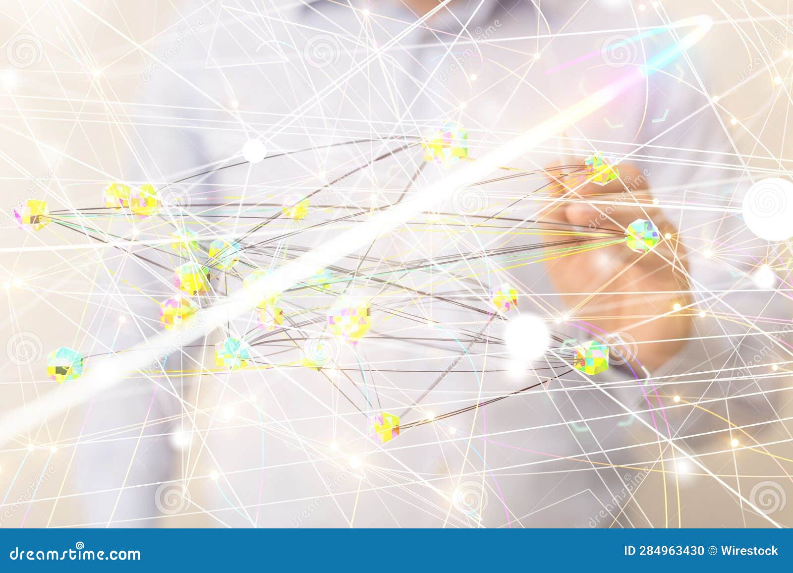 Person Pointing at a Network of Data with Connecting Dots Stock ...
