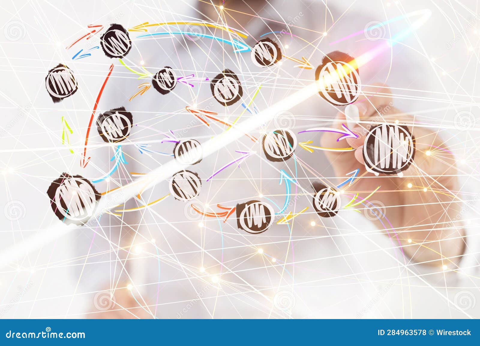 Person Pointing at a Network of Data with Connecting Dots Stock ...