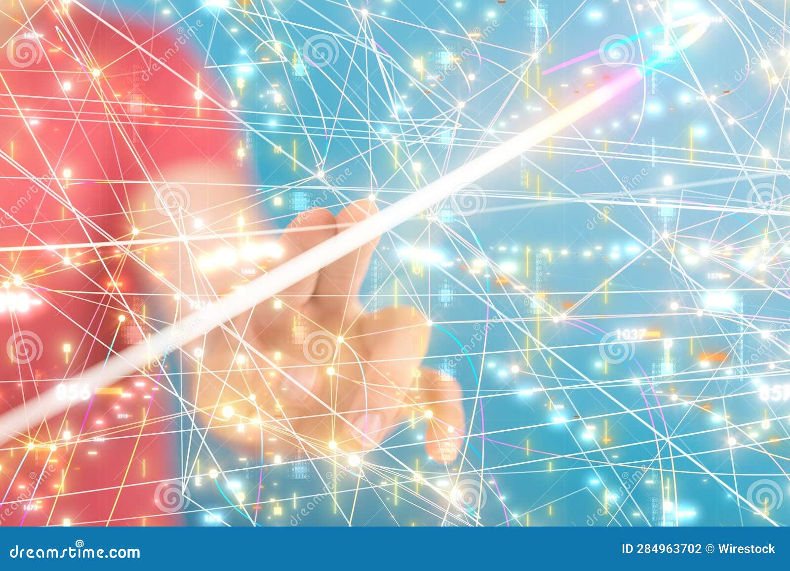 Person Pointing at a Network of Data with Connecting Dots Stock ...