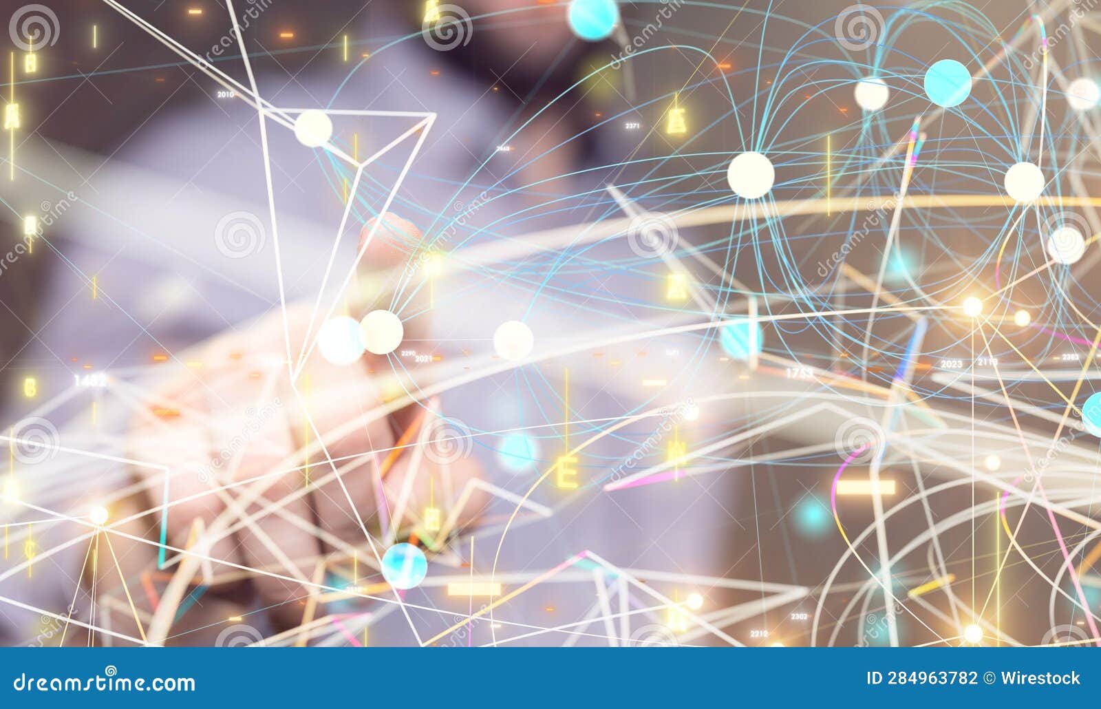 Person Pointing at a Network of Data with Connecting Dots Stock ...