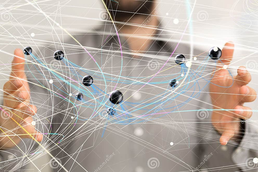 Person Pointing at a Network of Data with Connecting Dots Stock ...