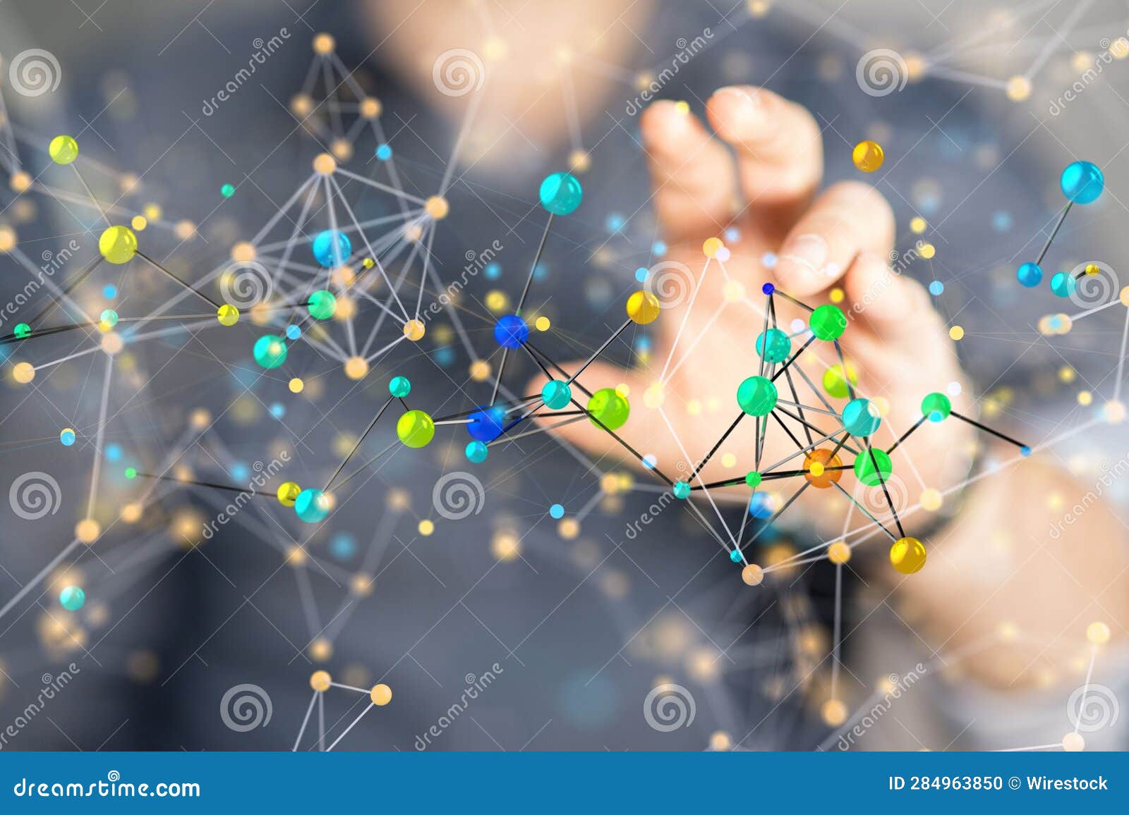 Person Pointing at a Network of Data with Connecting Dots Stock ...