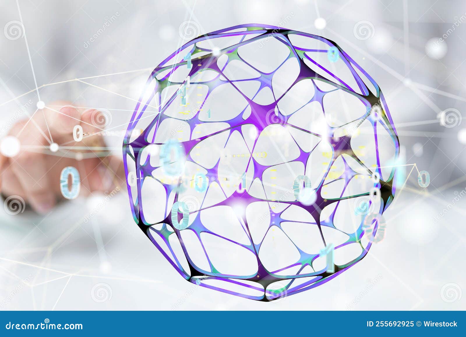 Person Pointing Toward a Technology Chain Sphere Surrounded by Neural ...