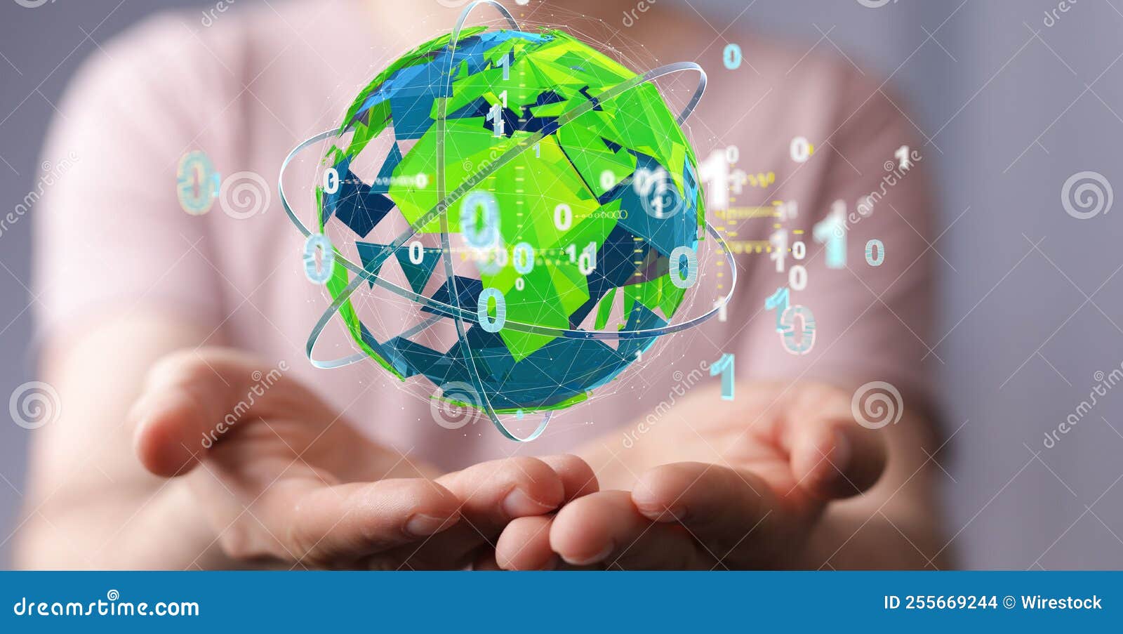 Person Presenting a 3D Rendered Globe in a Binary Network - the Concept ...