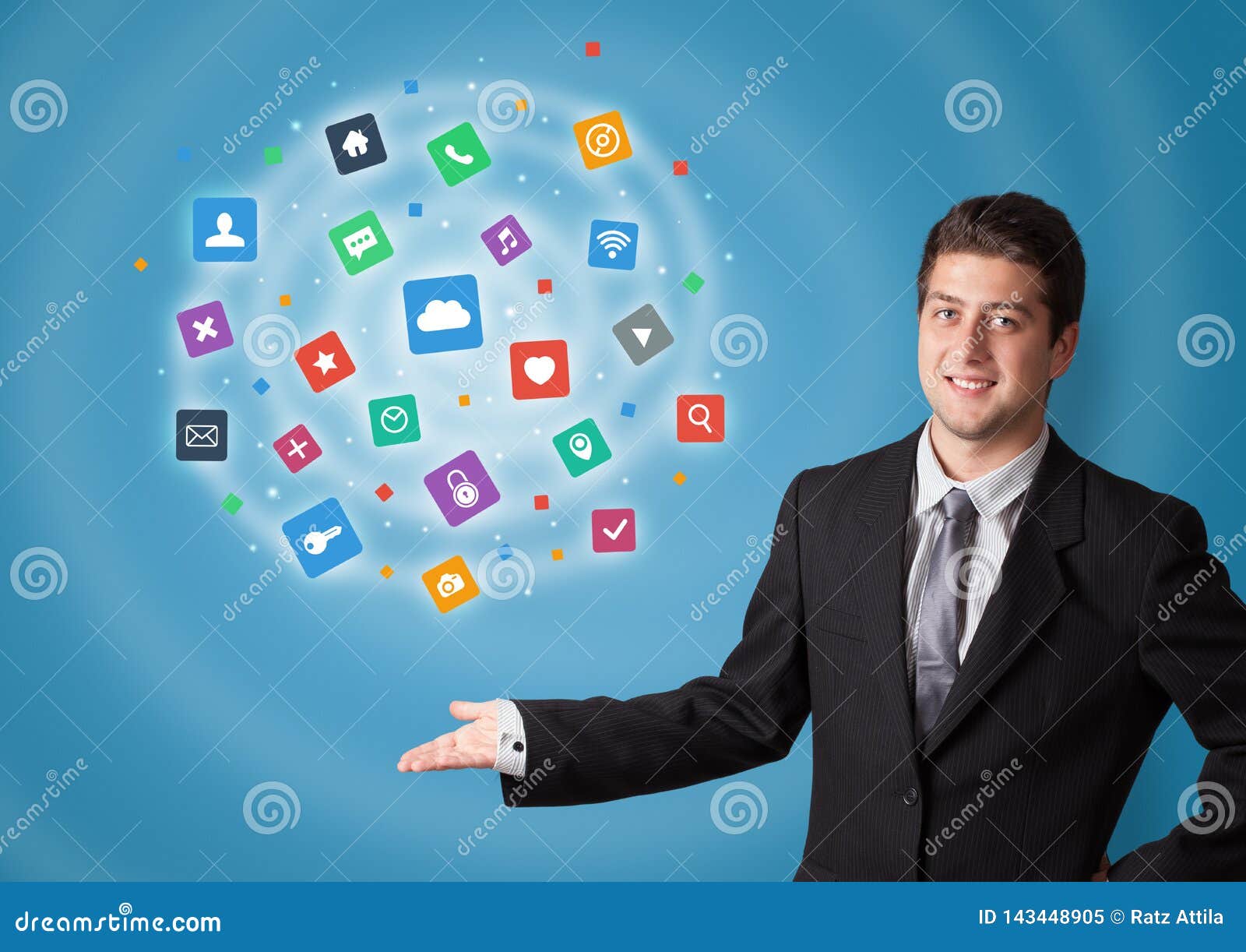 Person Presenting New Application Icons and Symbols Stock Image - Image ...
