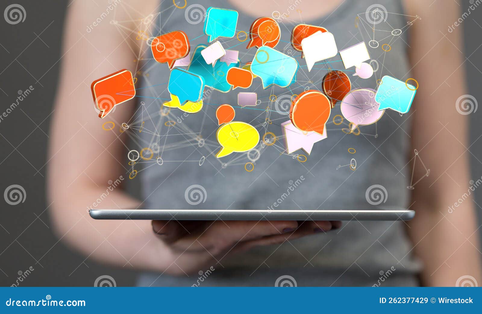 Person Presenting the Virtual Projection of Digital Speech Bubbles ...