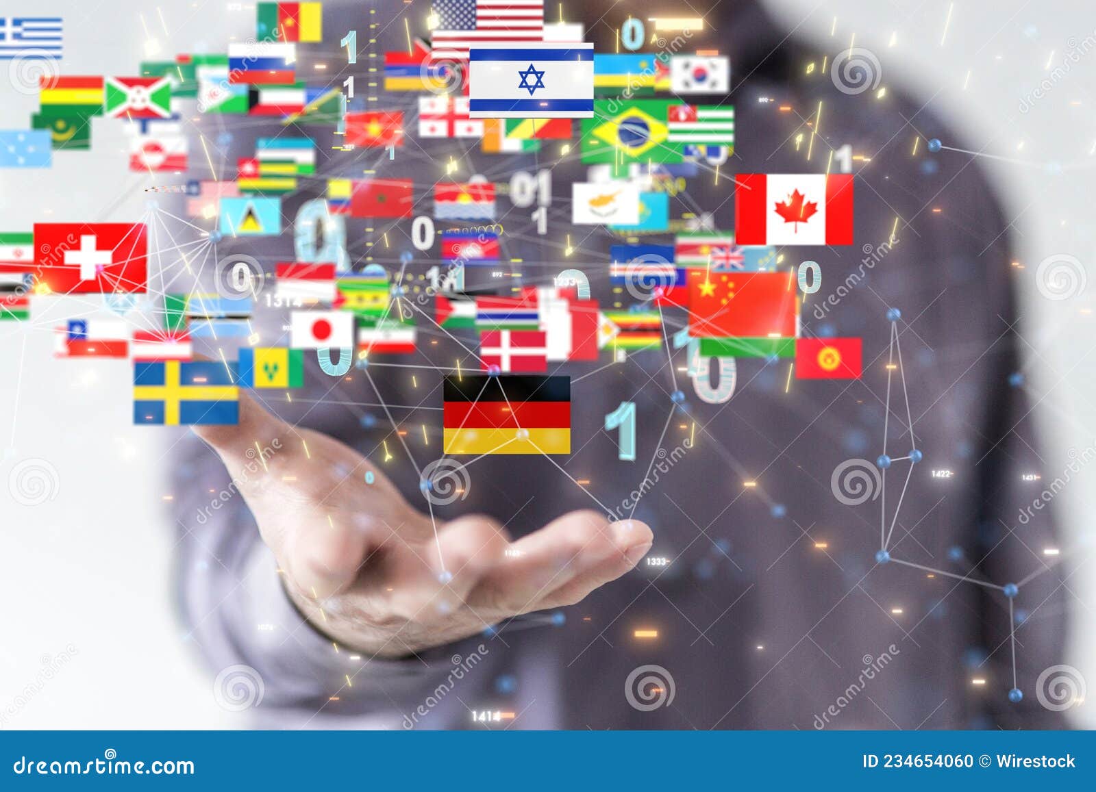 Person Presenting the Virtual Projection of International Country Flags ...