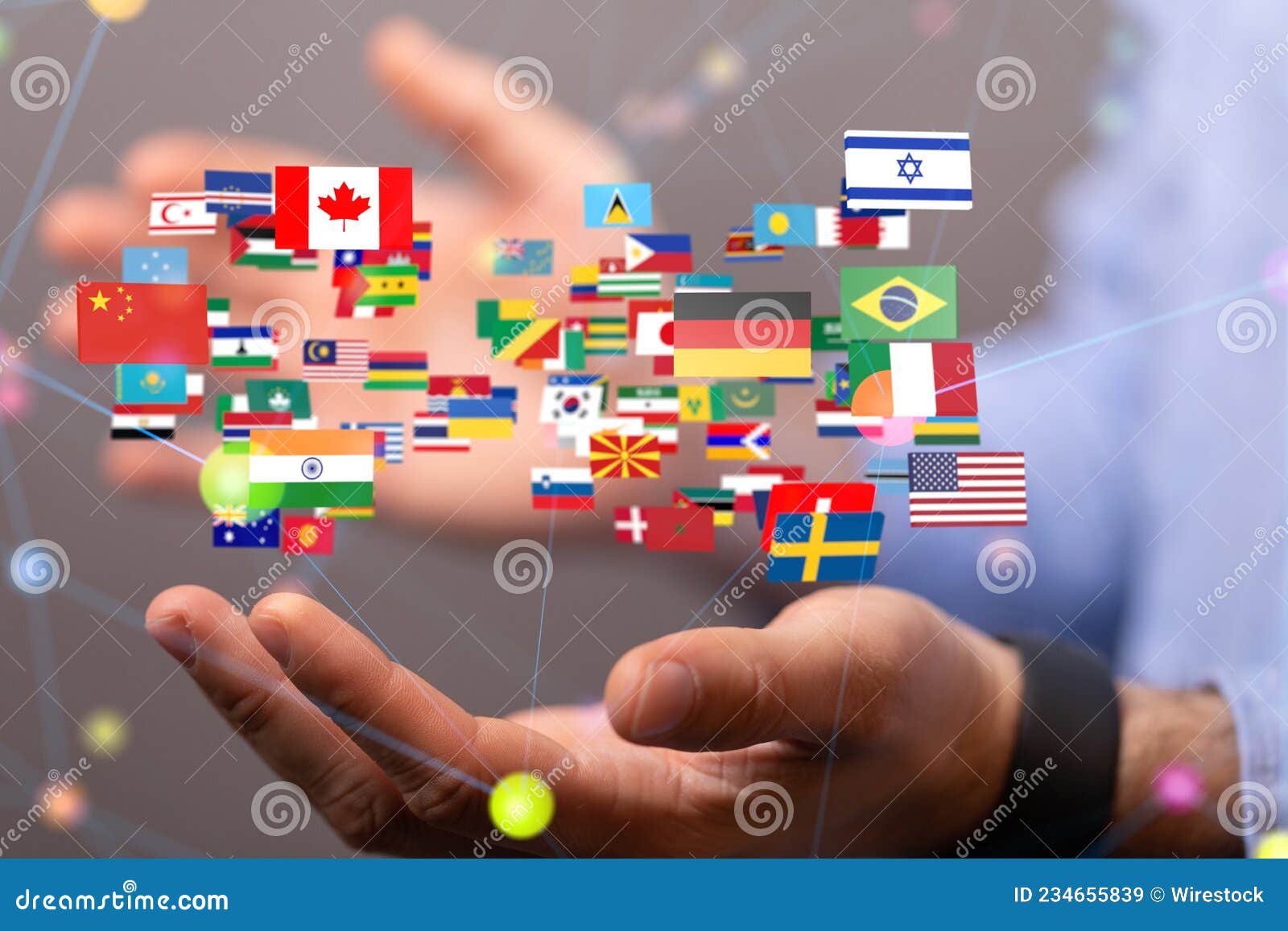 Person Presenting the Virtual Projection of International Country Flags ...