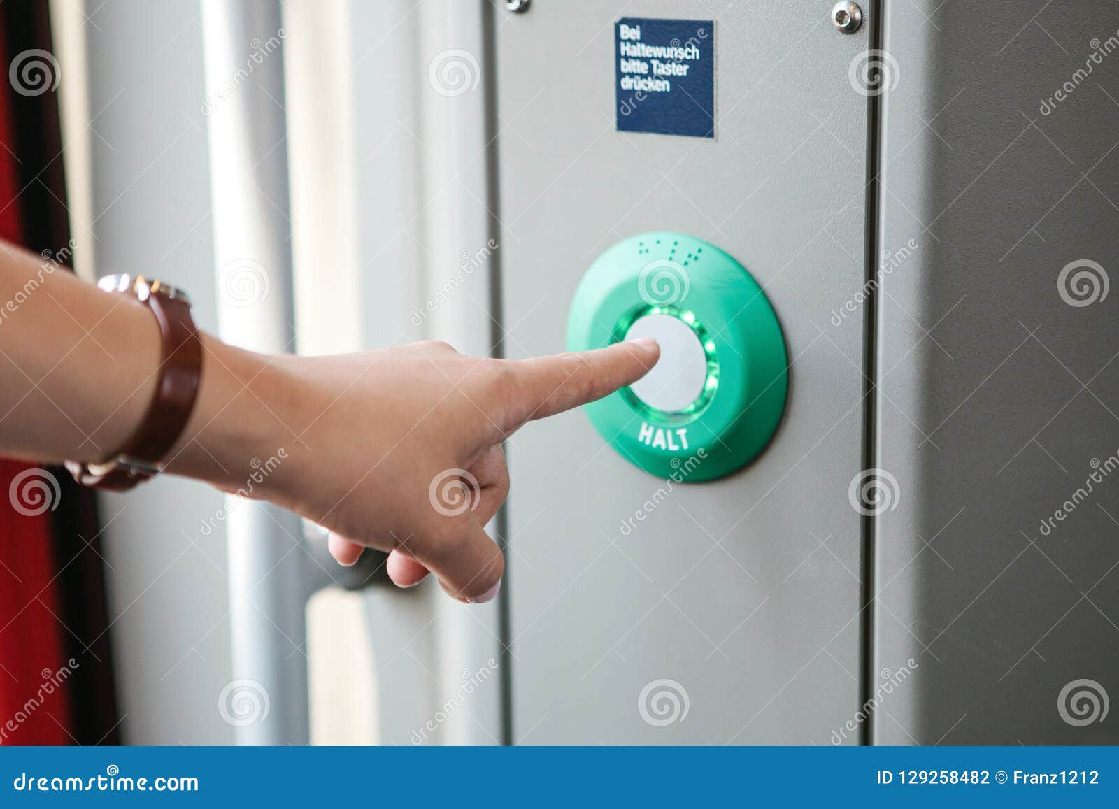 The Person Presses the Stop Button in the Train. Stock Photo - Image of ...