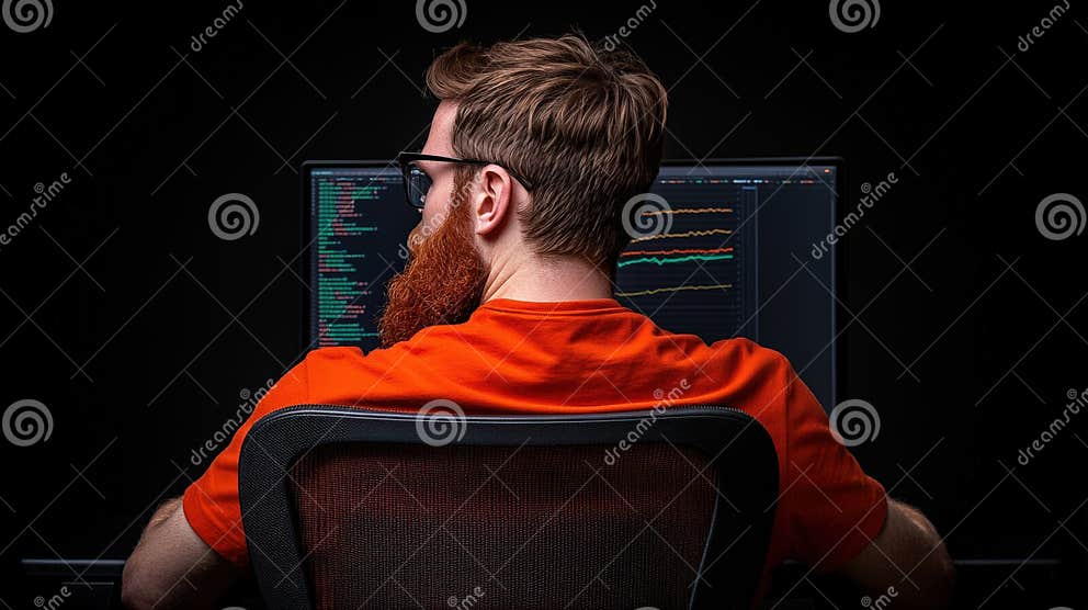 Person Programming on Computer with Coding Screens in Dark Environment ...