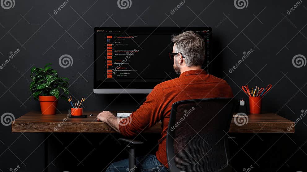 Person Programming at Desk with Computer and Plants in Modern Workspace ...