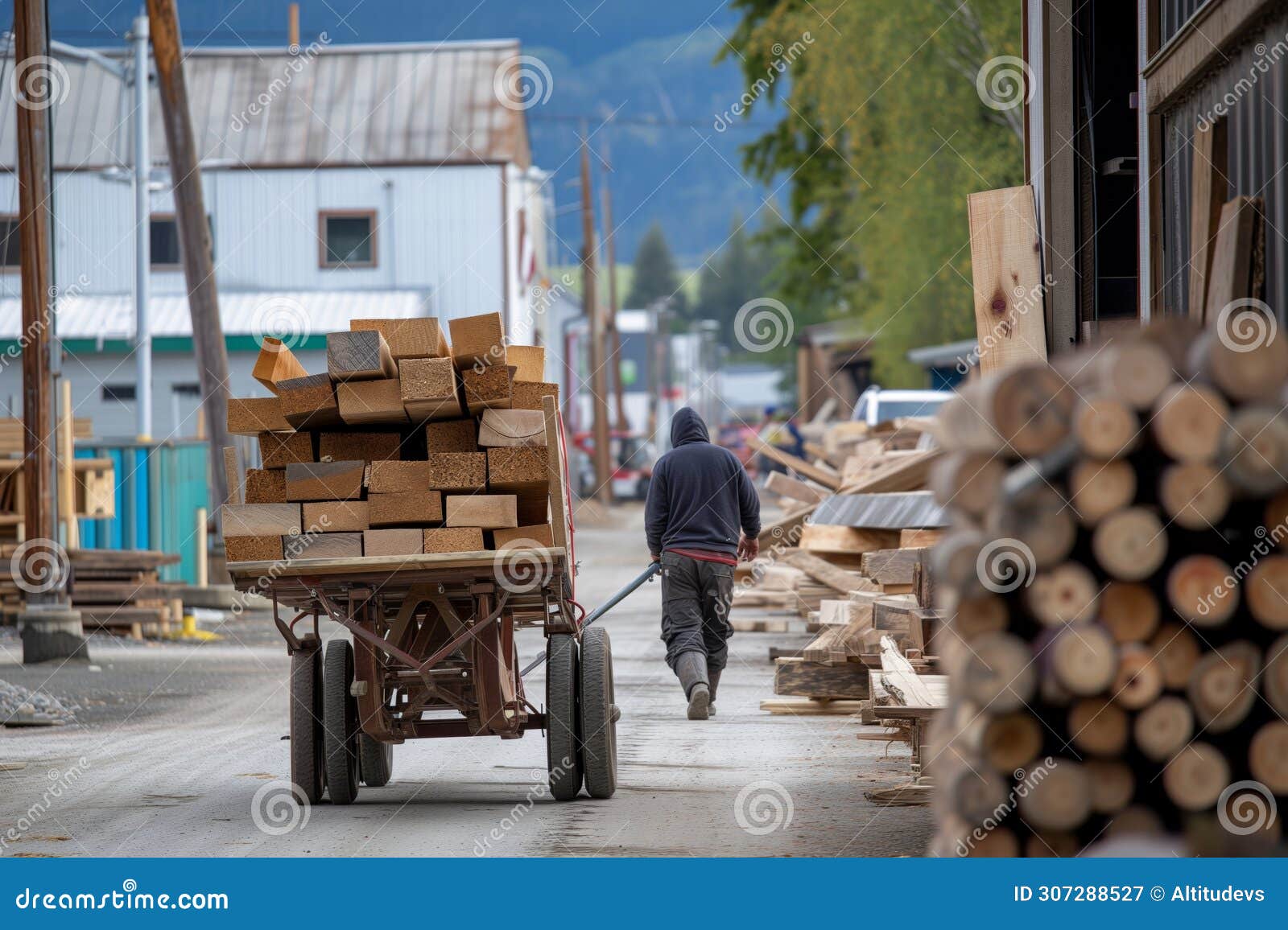 Person Pulling a Cart Laden with Timber through a Lumberyard Stock ...