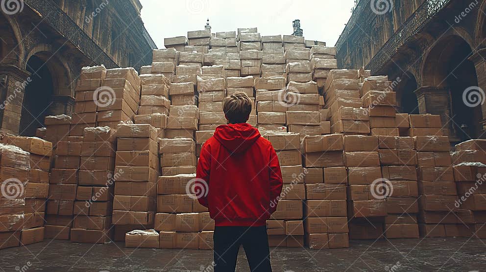 Person in Red Jacket Stands before Massive Stack of Boxes Generative AI ...