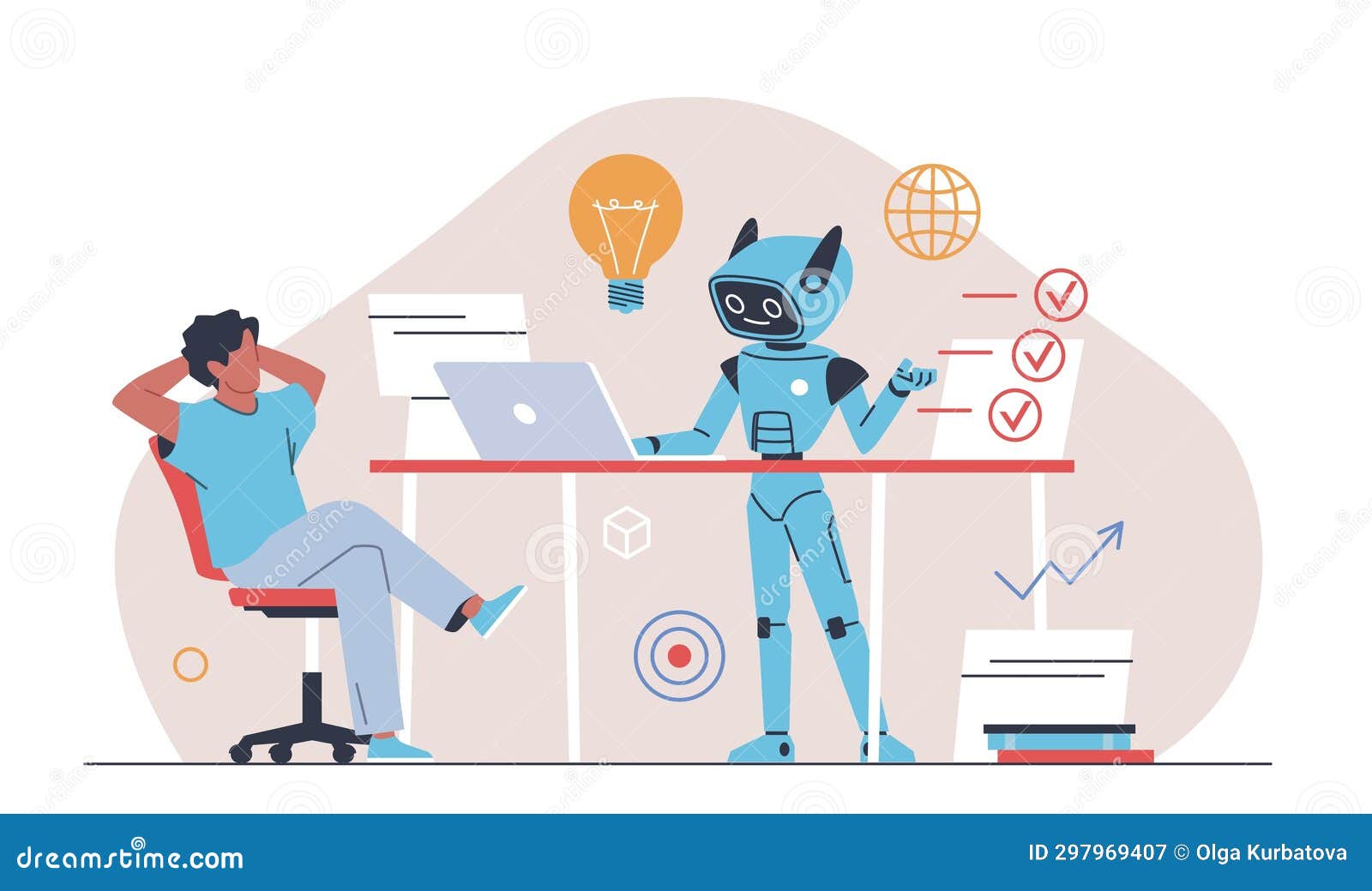 Person Resting, Ai Working. Guy Cooperates with Artificial Intelligence ...