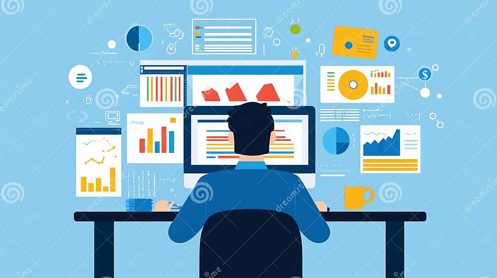 Person Analyzing Data on a Computer Surrounded by Colorful Charts and ...