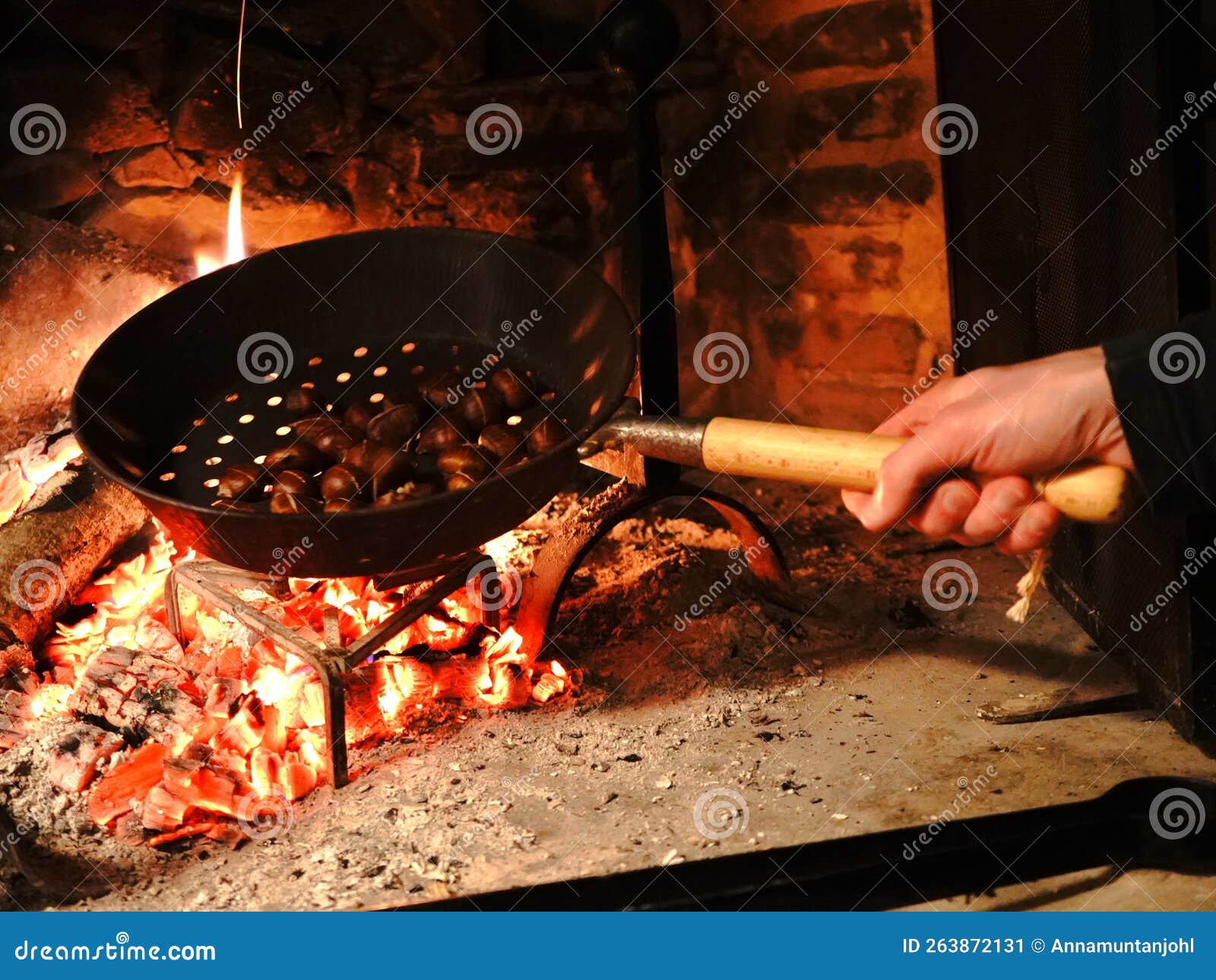 Person Roasting Chestnuts Over Fire in Fireplace Stock Image - Image of ...