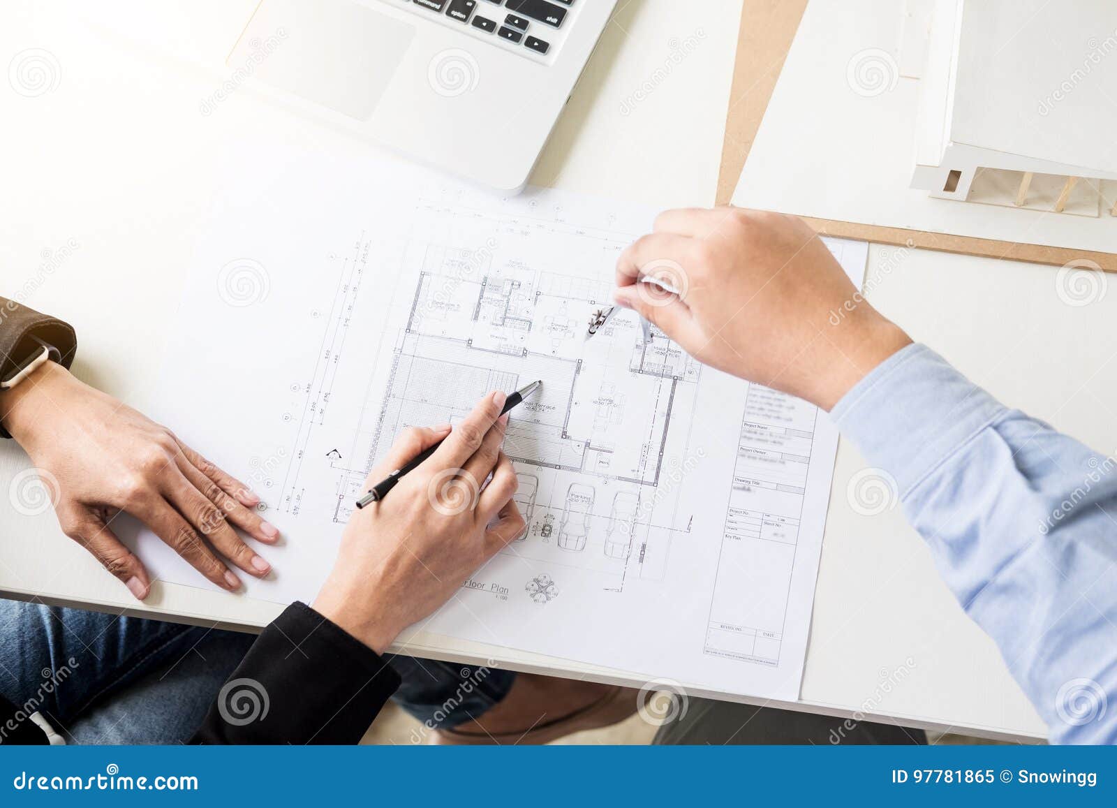 Person& X27;s Engineer Hand Drawing Plan on Blue Print with Architec ...
