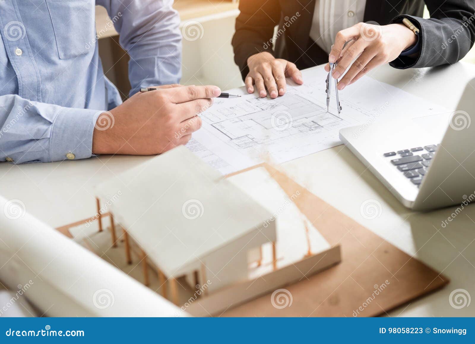 Person& X27;s Engineer Hand Drawing Plan on Blue Print with Architec ...