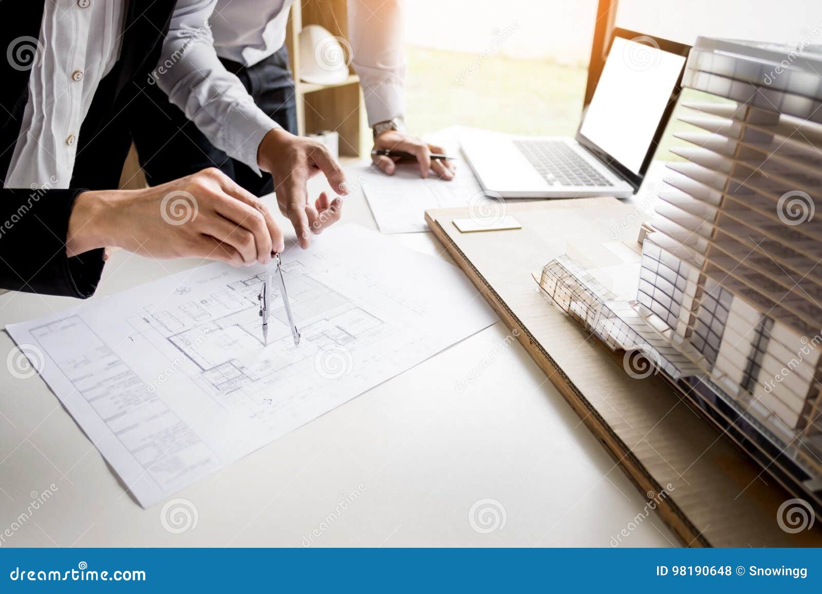 Person& X27;s Engineer Hand Drawing Plan on Blue Print with Architec ...