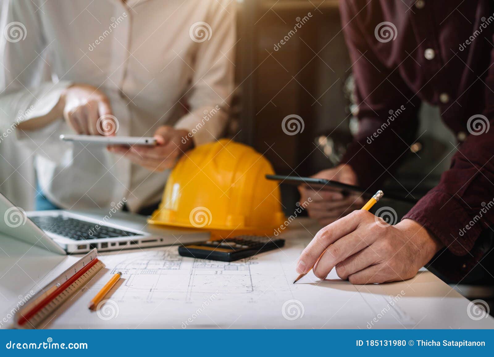 Person`s Engineer Hand Drawing Plan on Blue Print with Architect ...