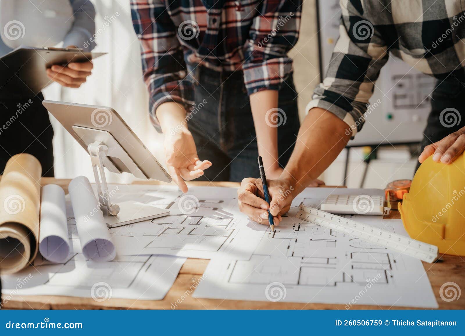 Person S Engineer Hand Drawing Plan on Blue Print with Architect ...