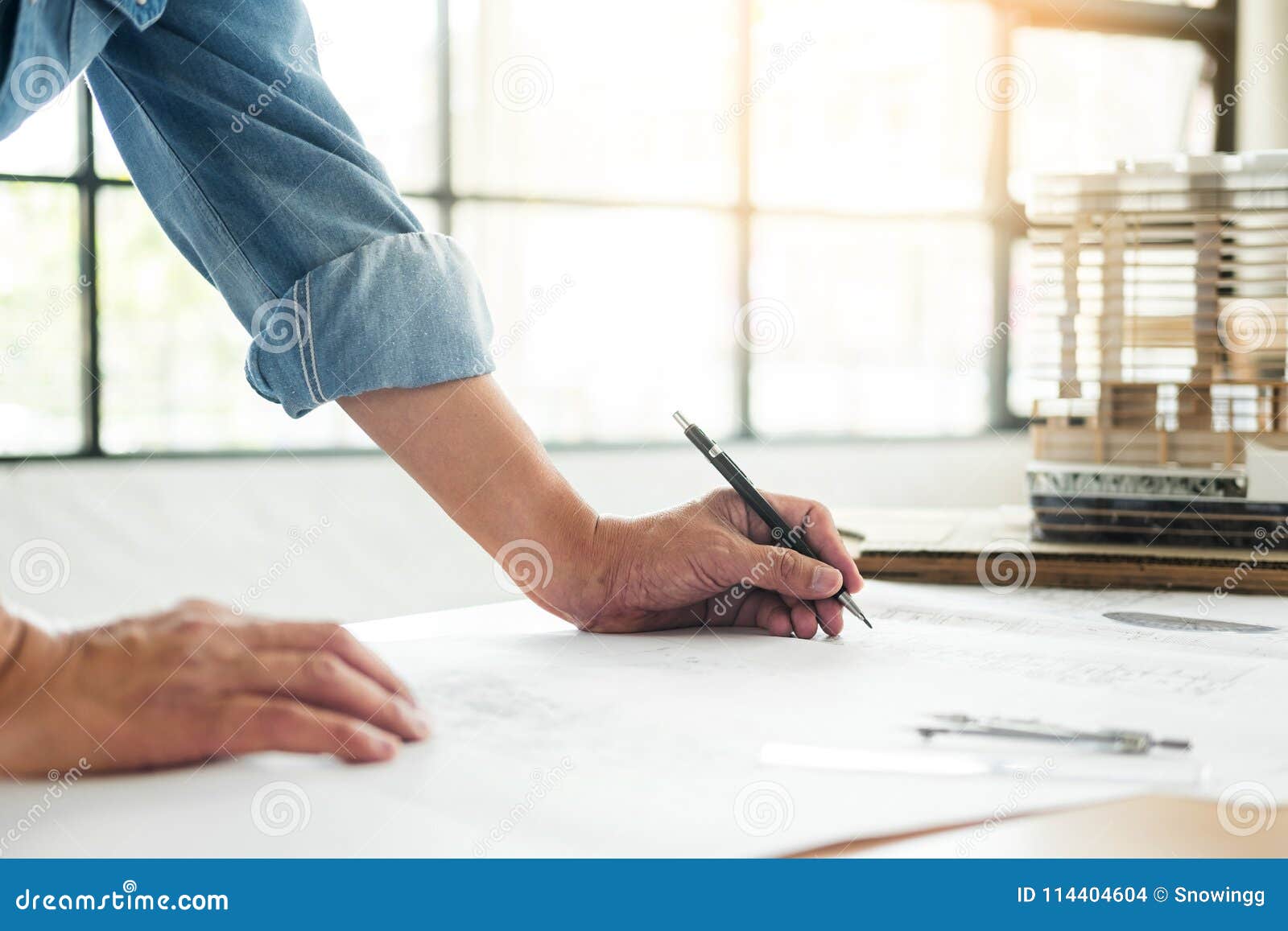 Person`s Engineer Hand Drawing Plan on Blue Print with Architect Stock ...