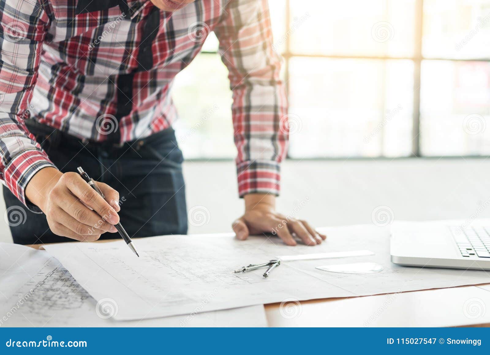 Person`s Engineer Hand Drawing Plan on Blue Print with Architect Stock ...