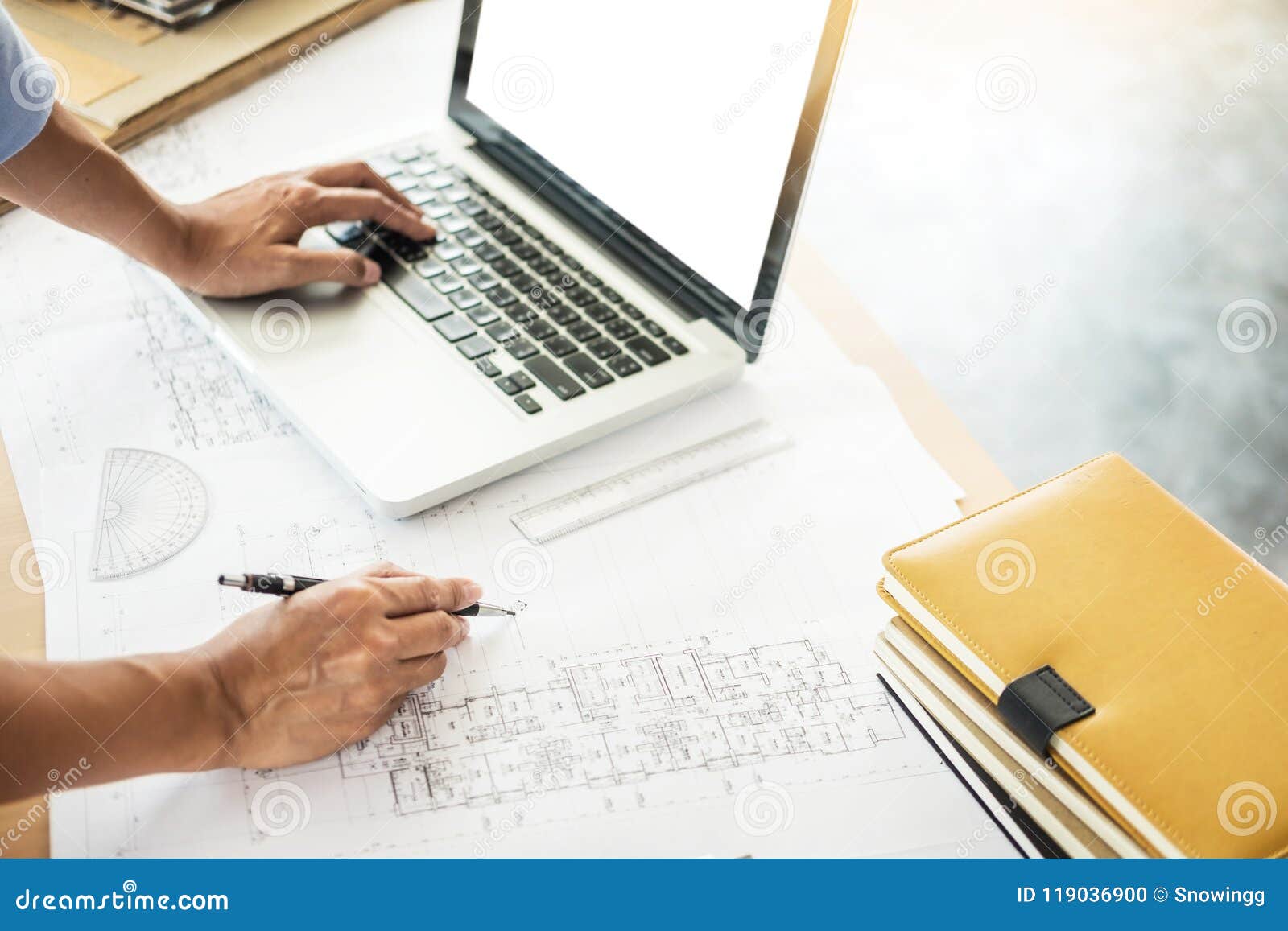 Person`s Engineer Hand Drawing Plan on Blue Print with Architect Stock ...