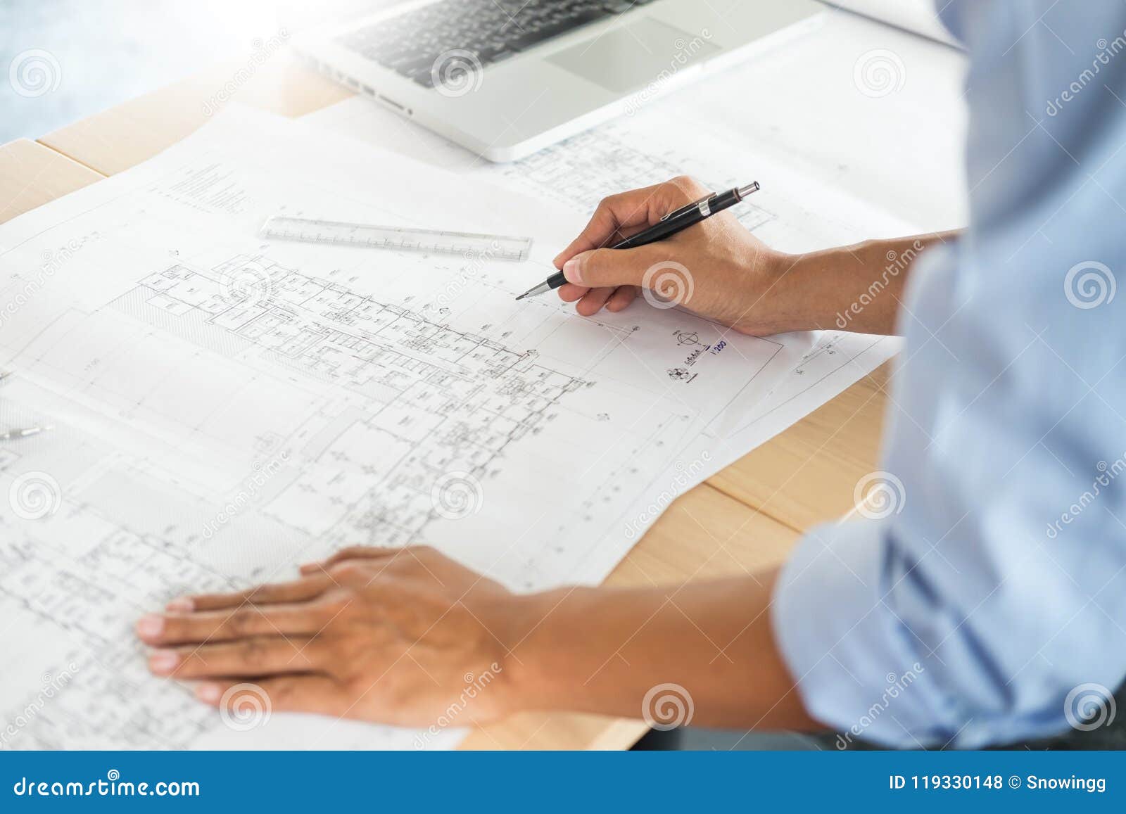 Person`s Engineer Hand Drawing Plan on Blue Print with Architect Stock ...