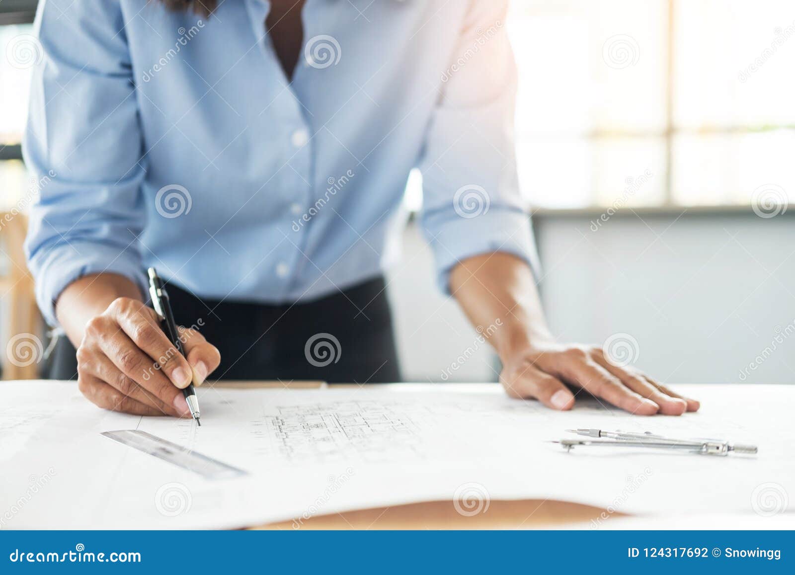 Person`s Engineer Hand Drawing Plan on Blue Print with Architect Stock ...