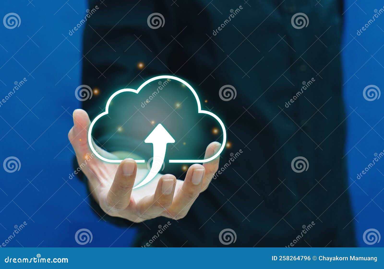 Person`s Hand Holding a Virtual Technology of Data Upload Icon. Storage ...