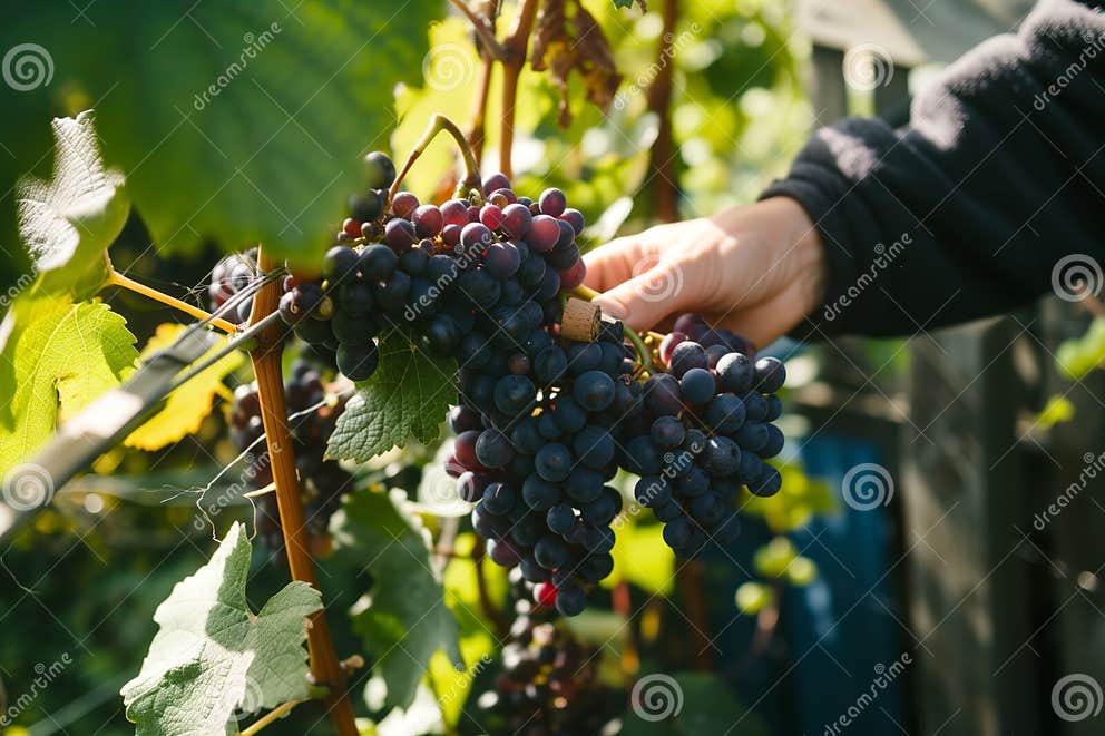 Person Sampling Grapes from the Vine in a Private Courtyard Stock ...