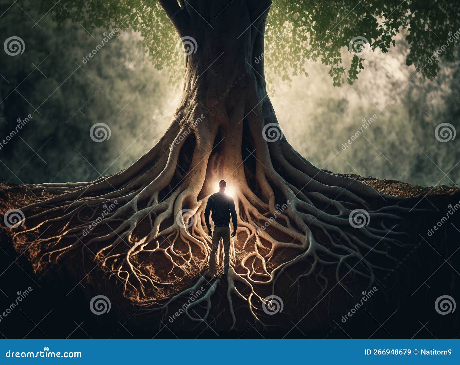 Person Standing in Front of a Tree with Deep Roots (AI Generated) Stock ...