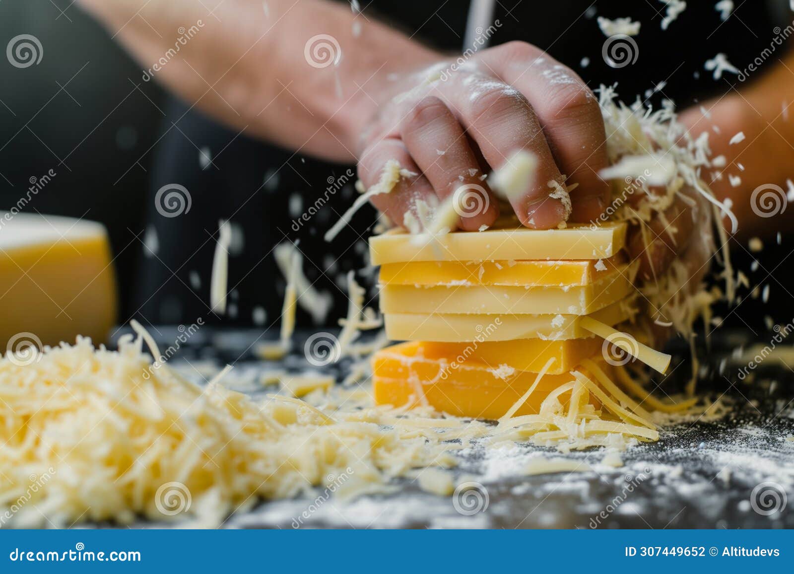 Person Shredding a Stack of Cheese for Canteen Toppings Stock Photo ...