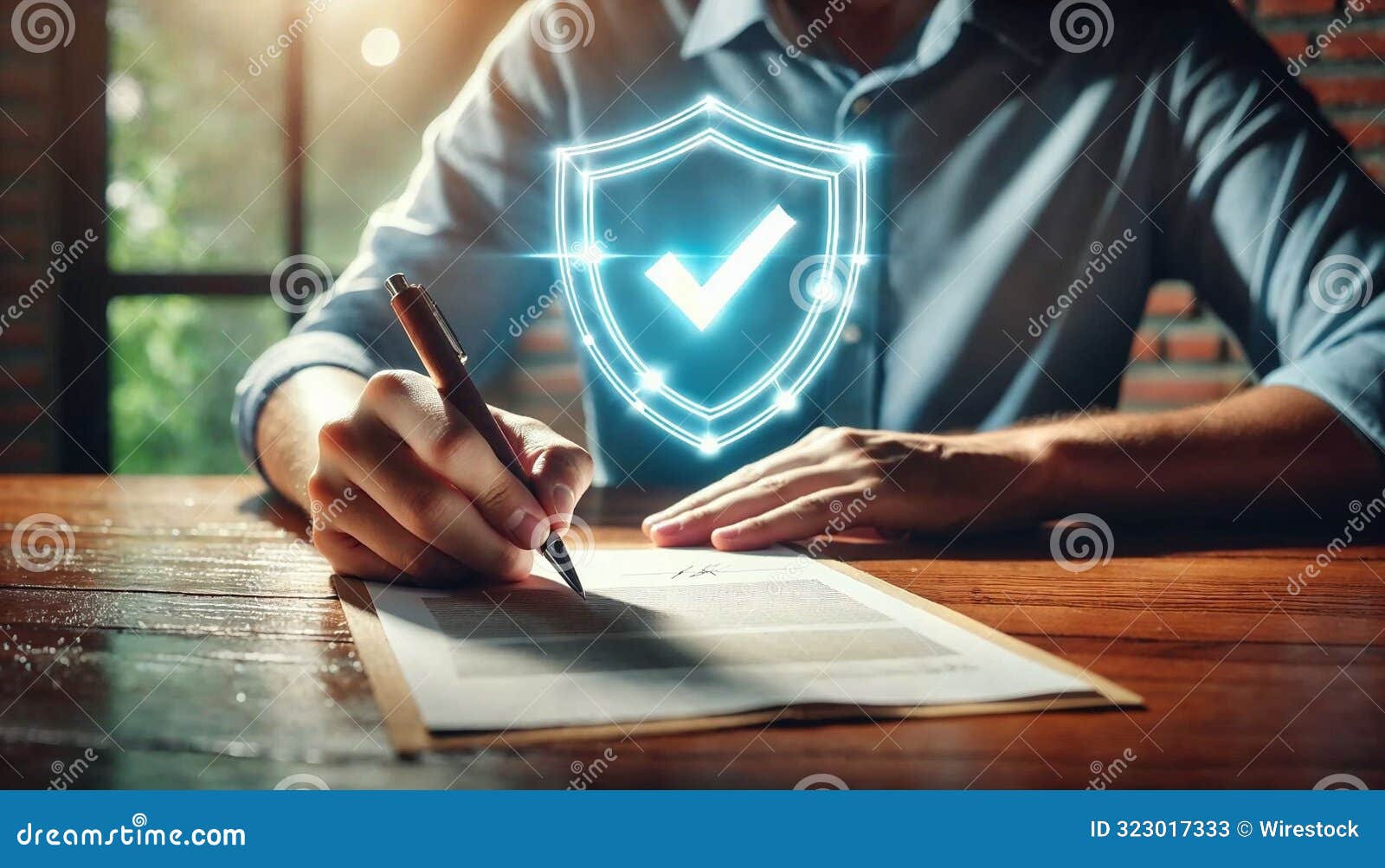 Person Signing Document with Glowing Shield Icon Symbolizing Security ...