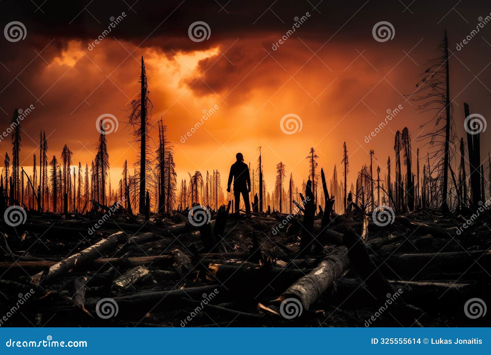 Silhouette in Burned Forest Under Dramatic Sky, Showing Aftermath and ...