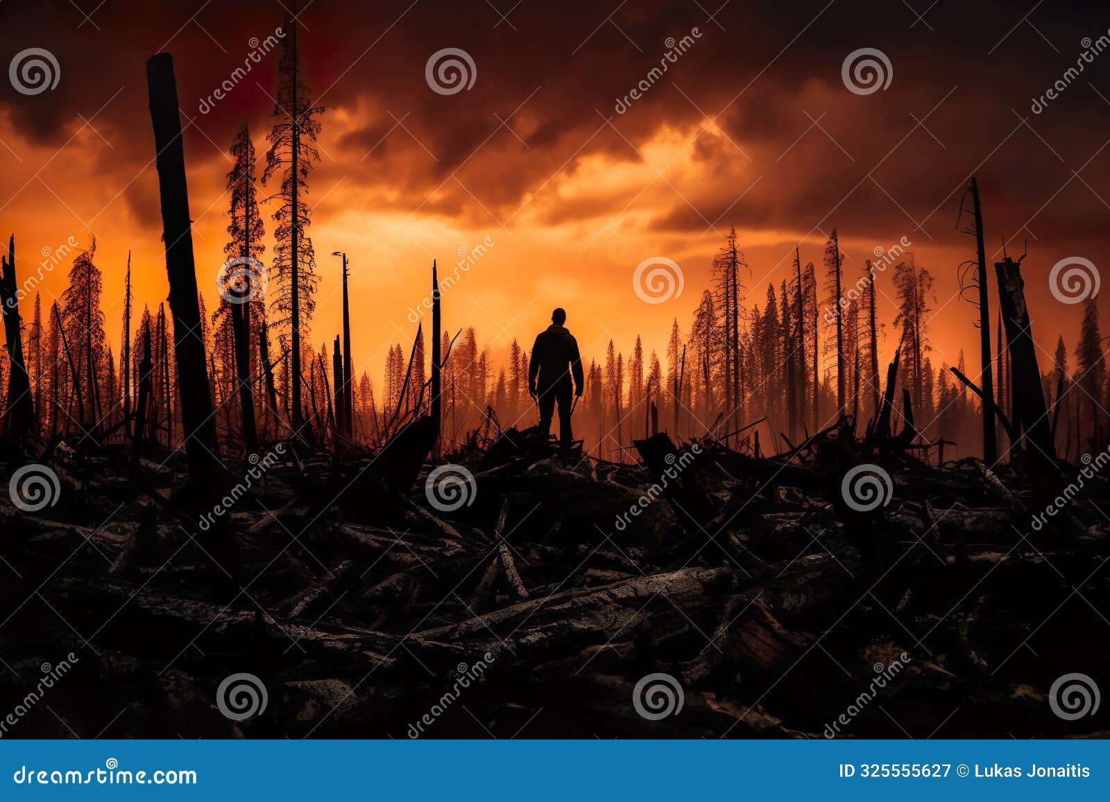 Silhouette in Burned Forest Under Dramatic Sky, Showing Aftermath and ...