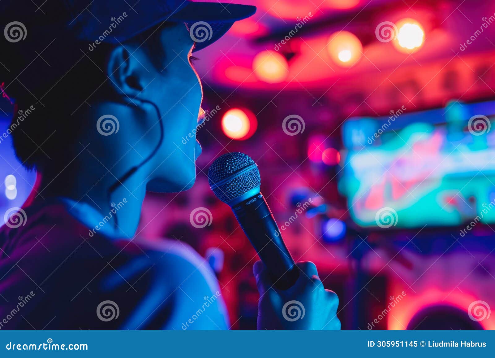 Person Singing in a Karaoke Bar with a Microphone and a Screen Stock ...