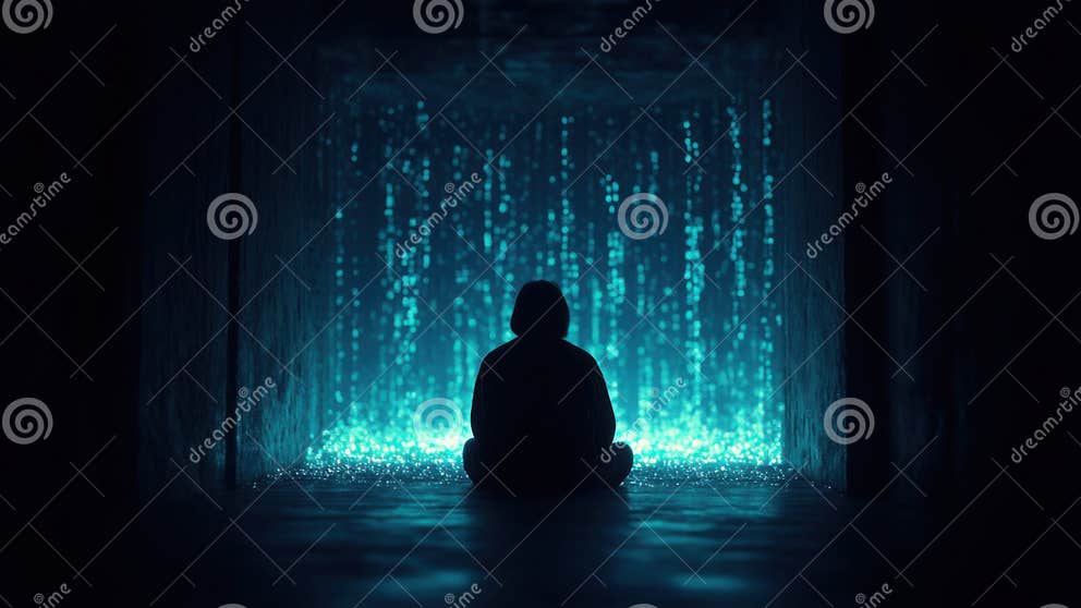 Person Sits Alone Surrounded by Glowing Streams of Binary Code and ...