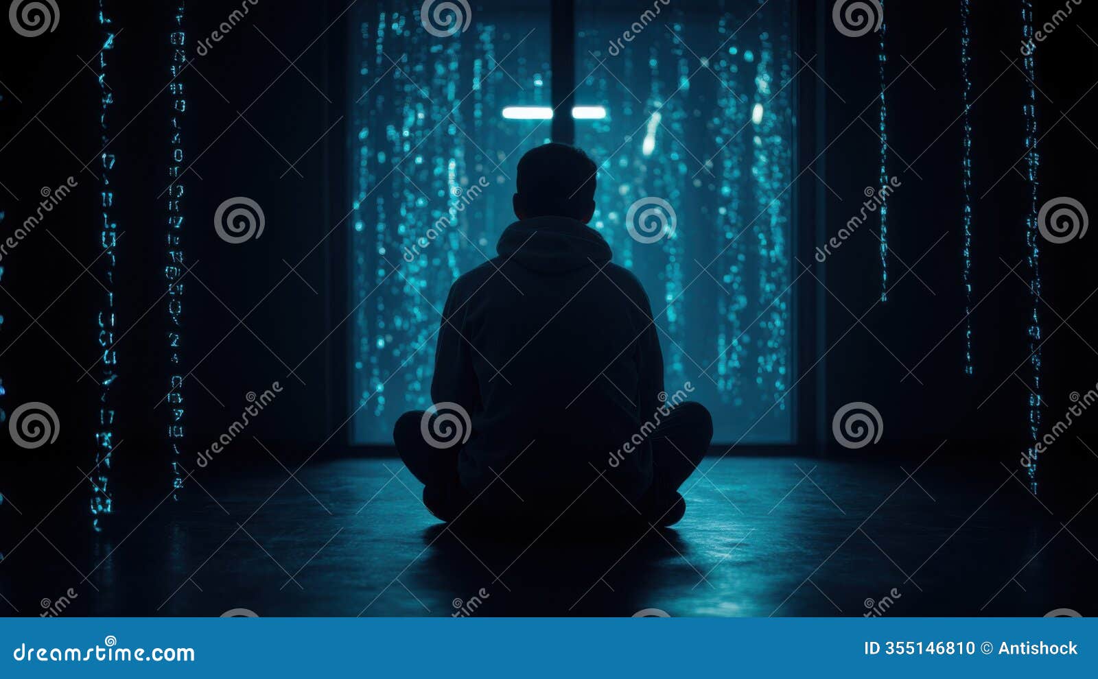 Person Sits Alone Surrounded by Glowing Streams of Binary Code and ...