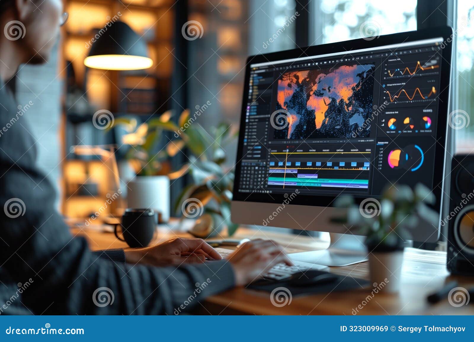 Person Editing Video with World Map and Data Charts on Computer Screen ...