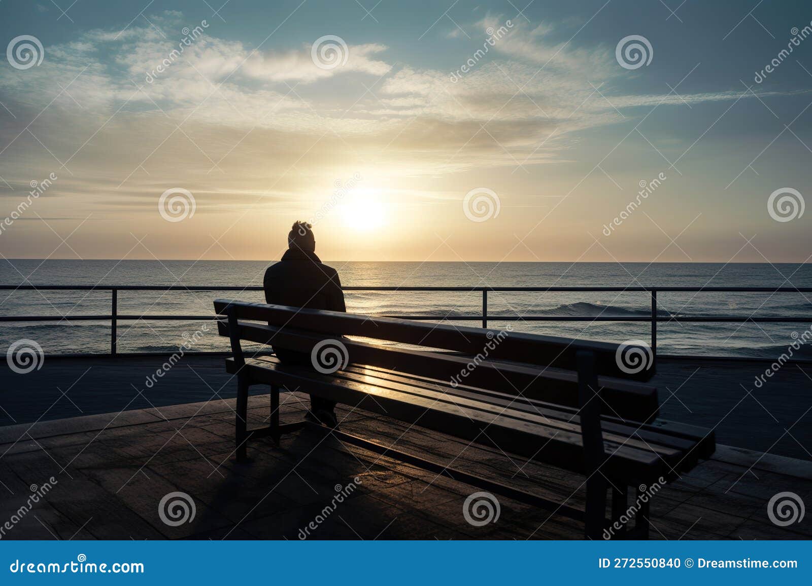 Person Sitting Alone on a Bench by the Coast Looking at Sunrise. Stock ...