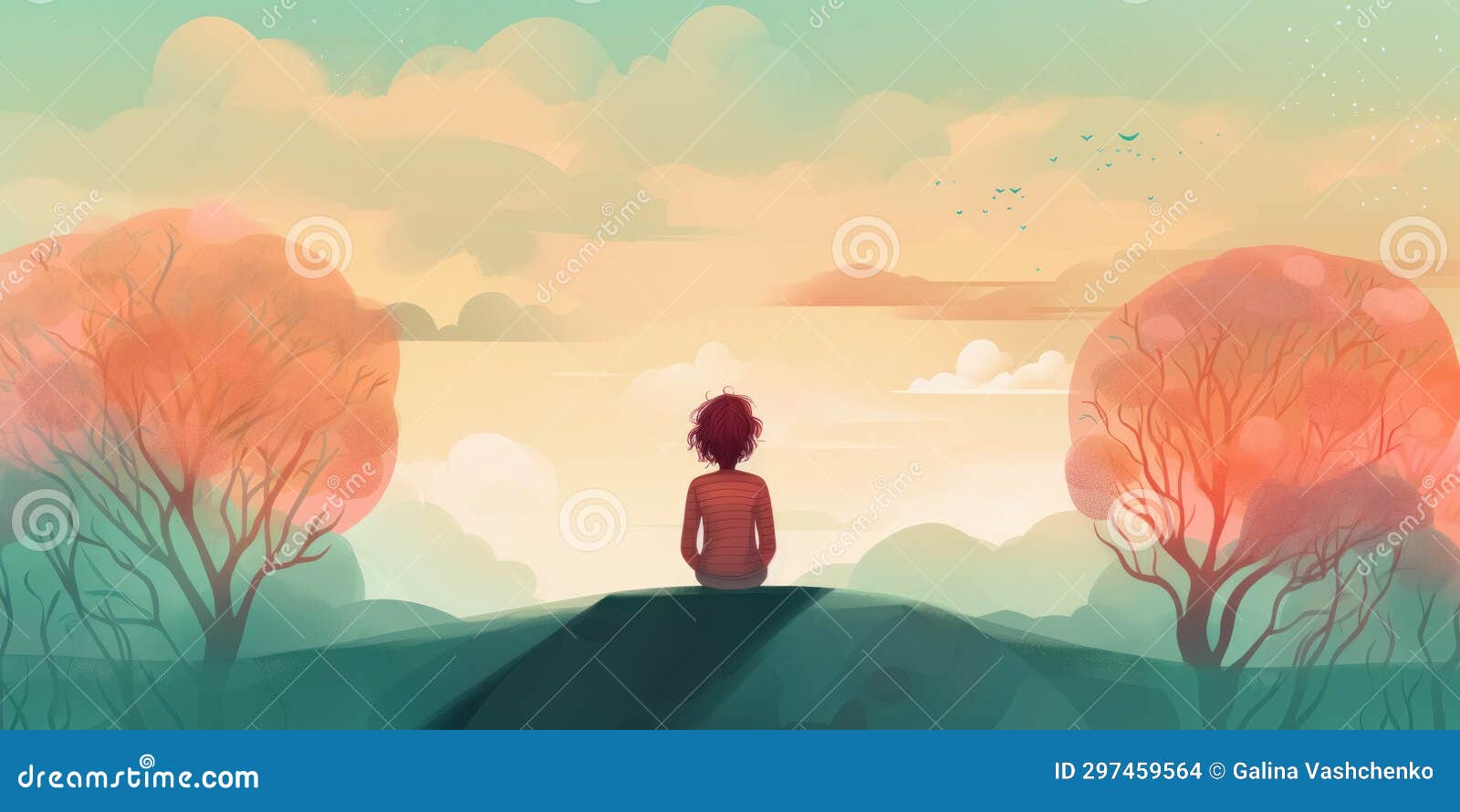 Person is Sitting Alone, Thinking on Hill and Looking at the Natural ...