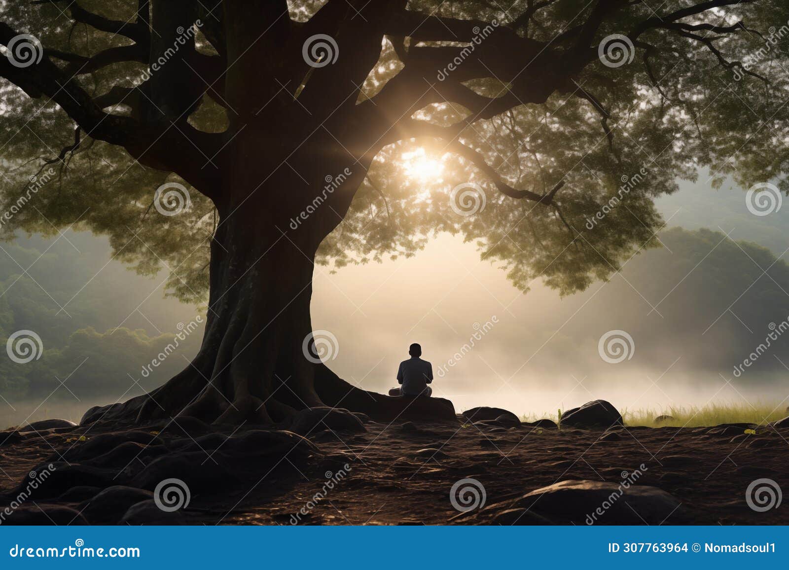 A Towering Oak Tree With Ancient Roots Sprawling Atop A Serene Mountain ...