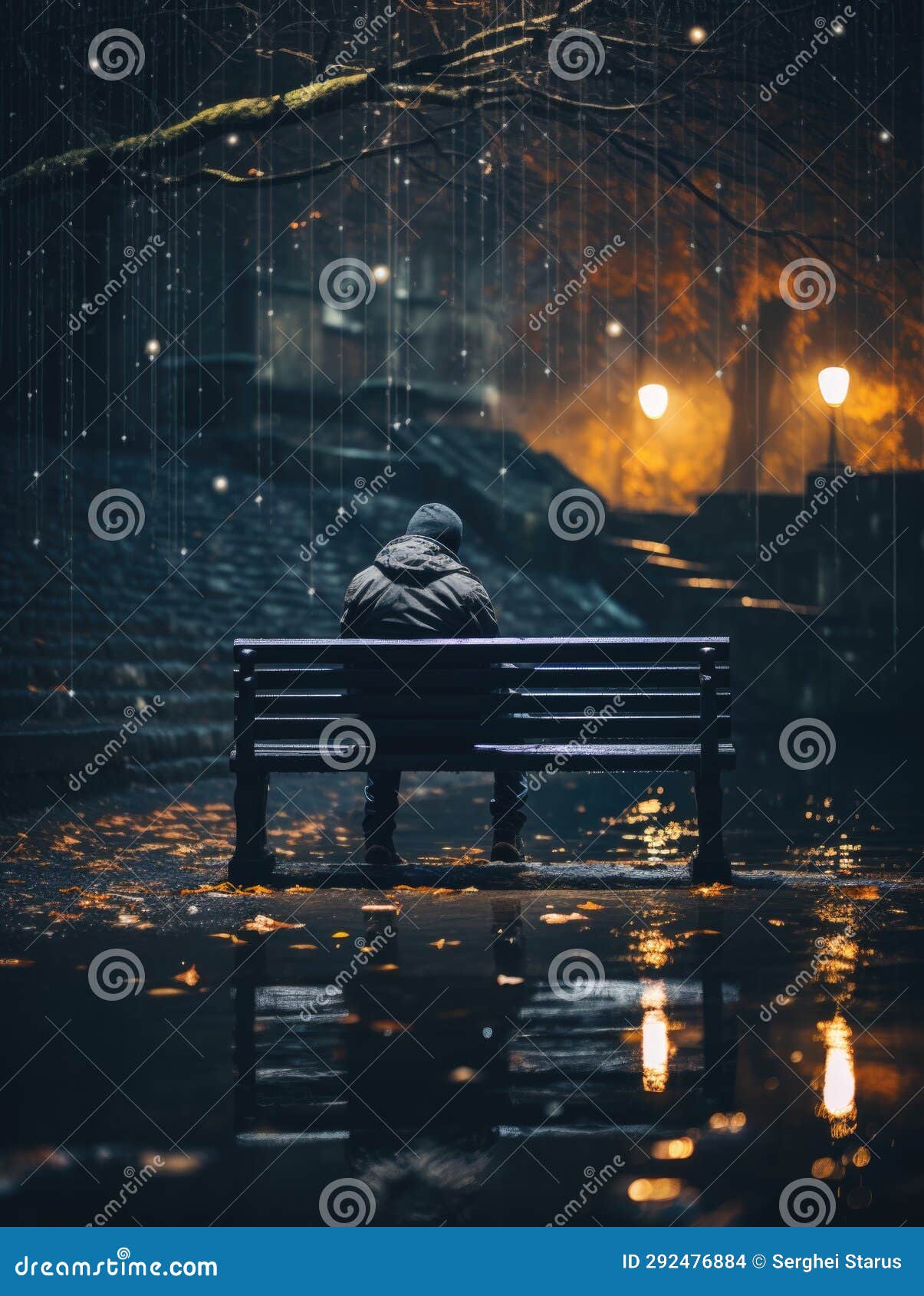 A Person Sitting on a Bench in the Rain, AI Stock Illustration ...